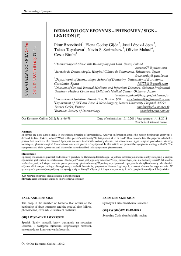 (PDF) Dermatology eponyms – phenomen / sign – Lexicon (F)