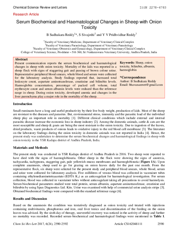 (PDF) Serum Biochemical and Haematological Changes in Sheep with Onion Toxicity
