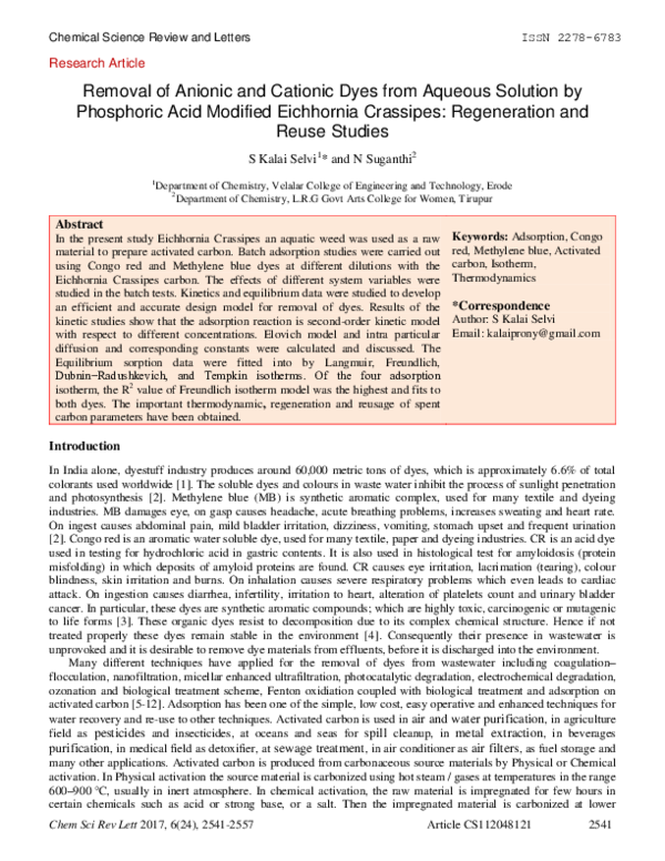 (PDF) Removal of Anionic and Cationic Dyes from Aqueous Solution by Phosphoric Acid Modified ...