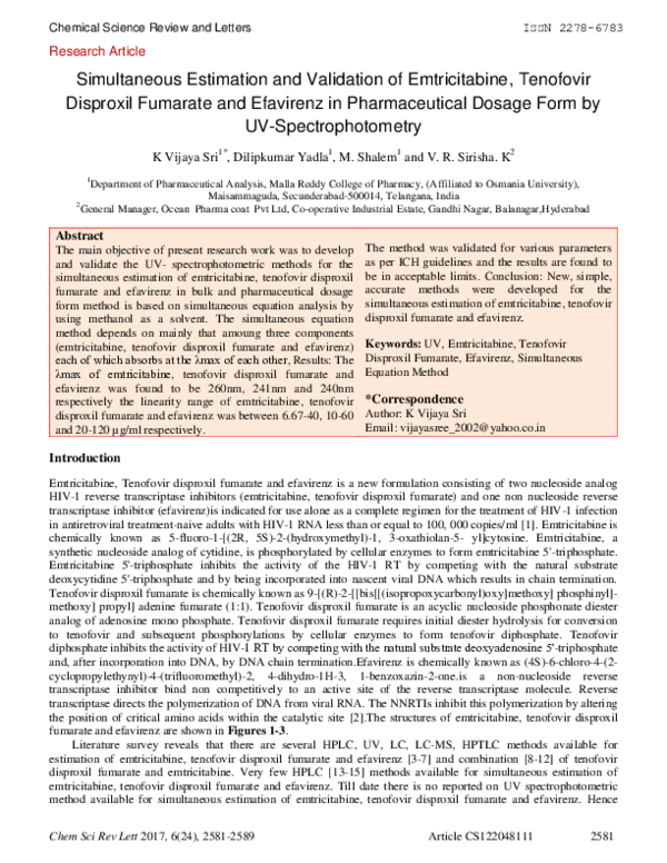 Pdf Simultaneous Estimation And Validation Of Emtricitabine