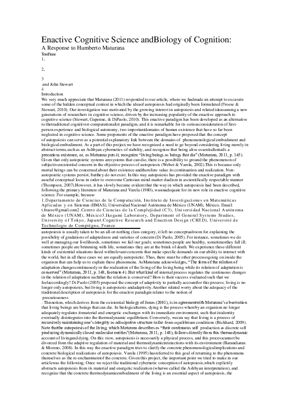 (DOC) Enactive Cognitive Science andBiology of Cognition: A Response to ...