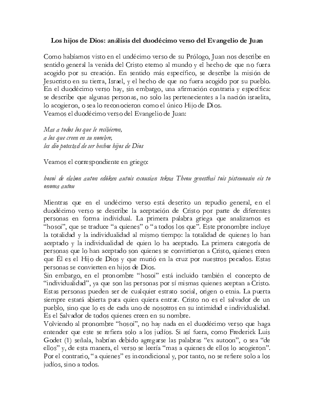 (PDF) Los hijos de Dios: análisis del duodécimo verso del Evangelio de Juan