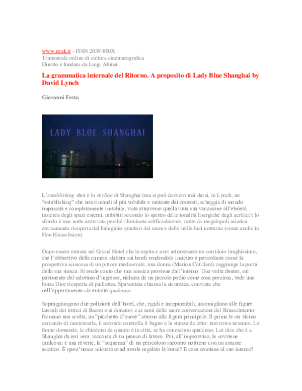 (PDF) La grammatica internale del Ritorno. A proposito di Lady Blue ...