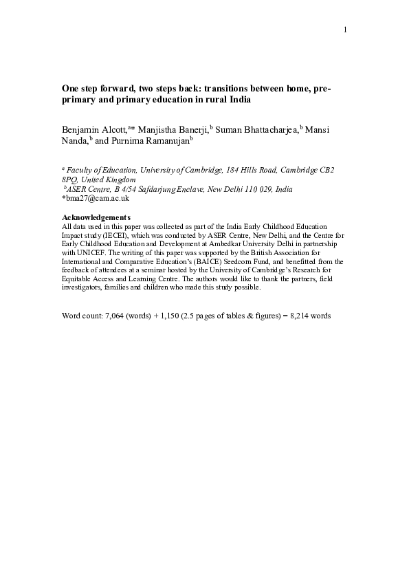 (PDF) One step forward, two steps back: transitions between home, pre- primary and primary ...