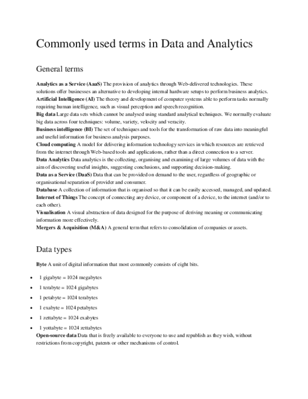 (DOC) Commonly used terms in Data and Analytics General terms
