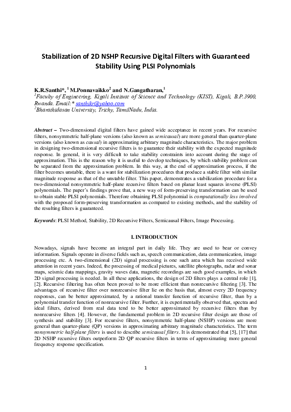 (PDF) Stabilization of 2D NSHP Recursive Digital Filters with Guaranteed Stability Using PLSI ...