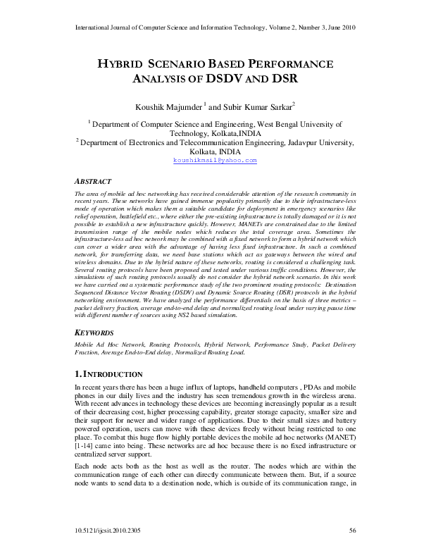 Pdf Hybrid Scenario Based Performance Analysis Of Dsdv And Dsr