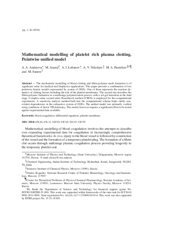 (PDF) Mathematical modelling of platelet rich plasma clotting ...