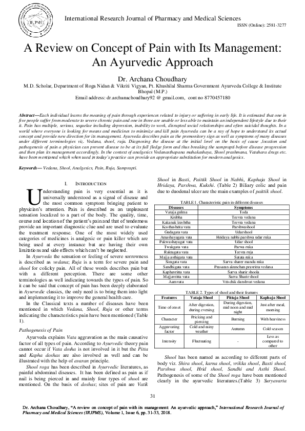 (PDF) A Review on Concept of Pain with Its Management: An Ayurvedic ...