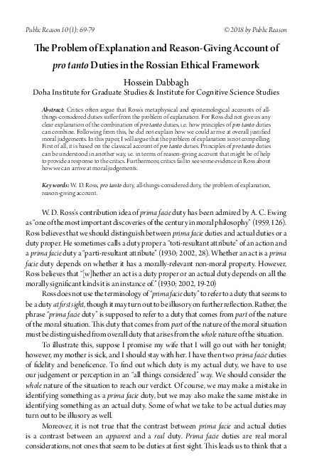 (PDF) The Problem of Explanation and Reason-Giving Account of pro tanto ...