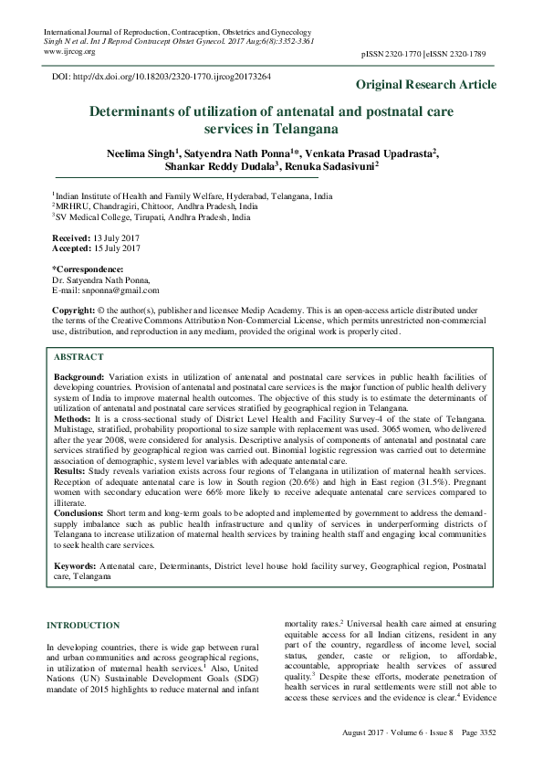 (PDF) Determinants of utilization of antenatal and postnatal care services in Telangana