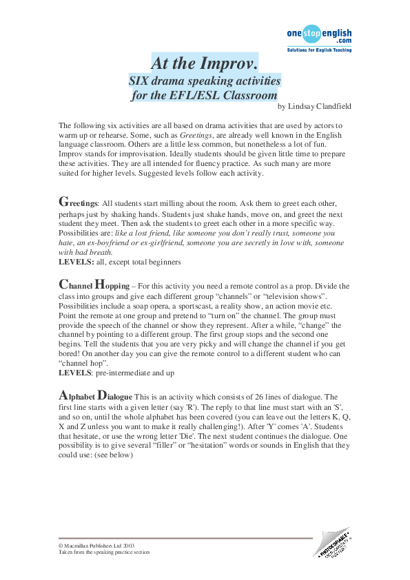 (PDF) At the Improv. SIX drama speaking activities for the EFL/ESL ...