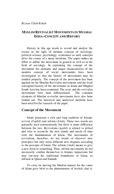 (PDF) MUSLIM REVIVALIST MOVEMENTS IN MUGHAL INDIA–CONCEPT AND HISTORY