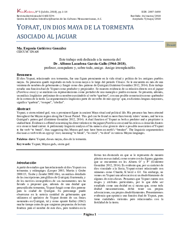 (PDF) Página 1 YOPAAT, UN DIOS MAYA DE LA TORMENTA ASOCIADO AL JAGUAR