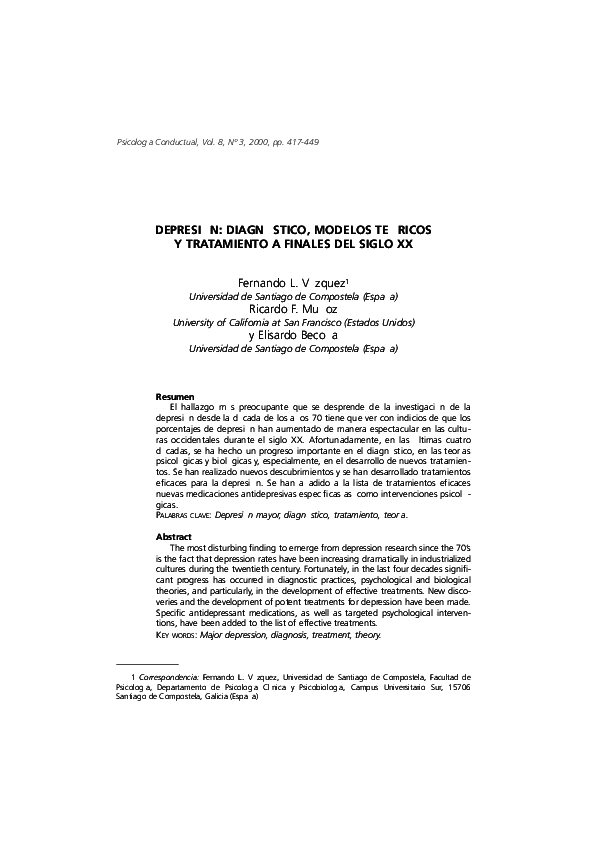 (PDF) DEPRESIÓN: DIAGNÓSTICO, MODELOS TEÓRICOS Y TRATAMIENTO A FINALES ...