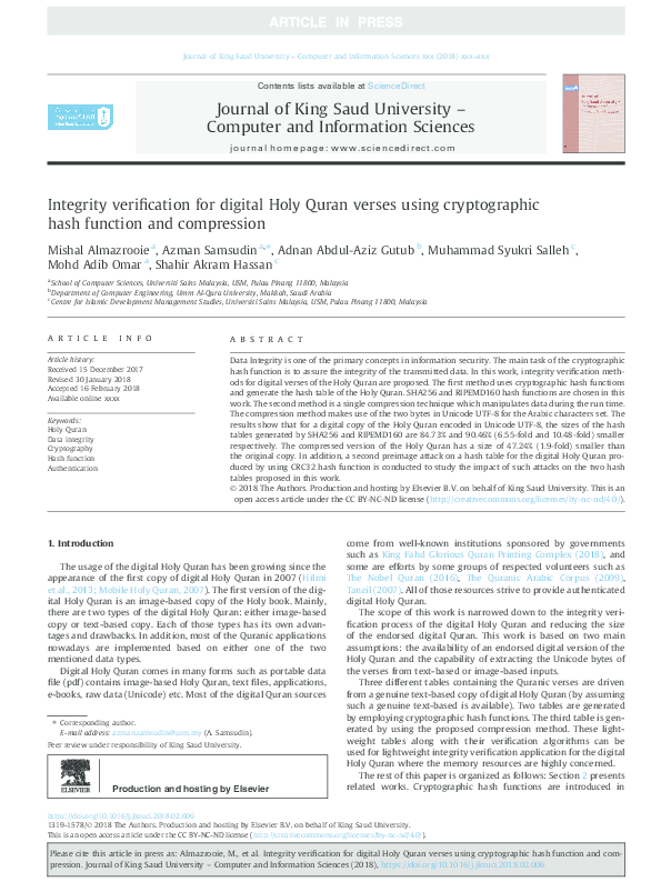 Pdf Integrity Verification For Digital Holy Quran Verses Using Cryptographic Hash Function And