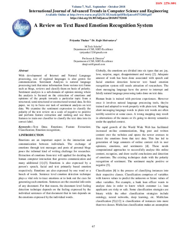 Pdf A Review On Text Based Emotion Recognition System Warse The World Academy Of Research In