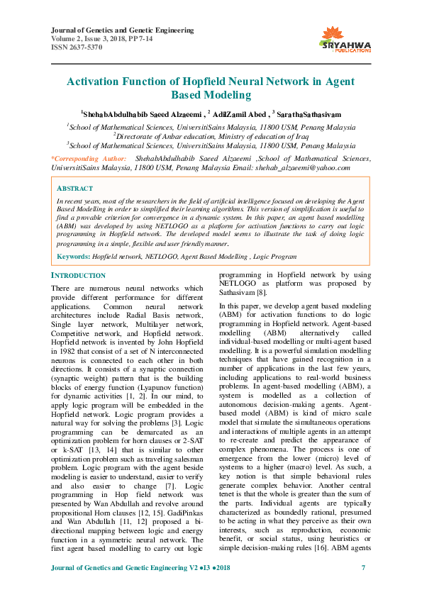 Pdf Activation Function Of Hopfield Neural Network In Agent Based
