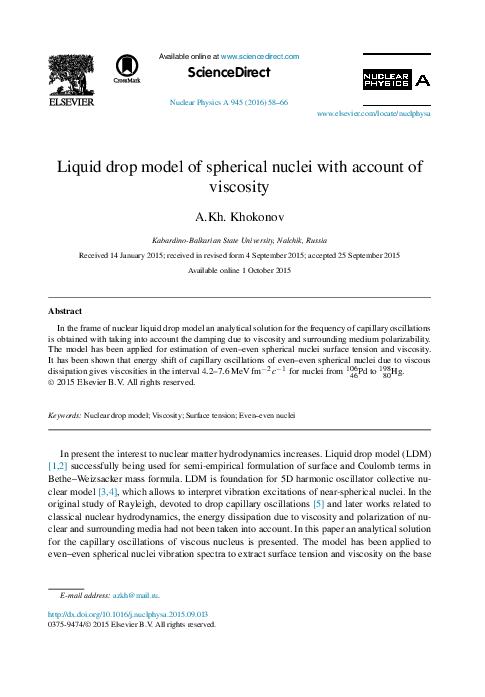(PDF) Liquid drop model of spherical nuclei with account of viscosity