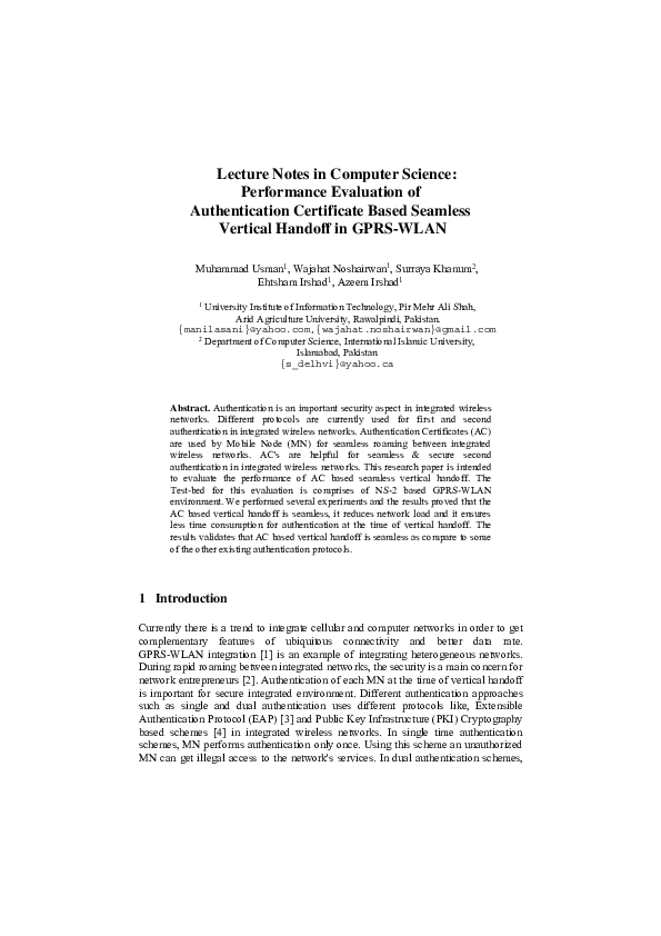 Pdf Performance Evaluation Of Authentication Certificate Based Seamless Vertical Handoff In