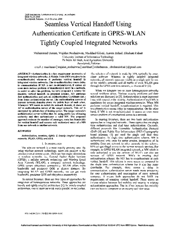 (PDF) Seamless vertical handoff using Authentication Certificate in GPRS-WLAN tightly coupled ...