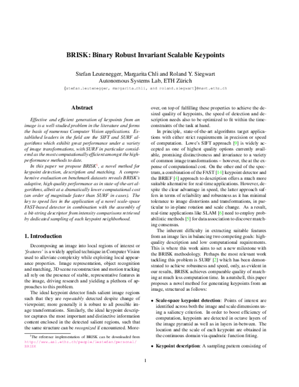 Pdf Brisk Binary Robust Invariant Scalable Keypoints