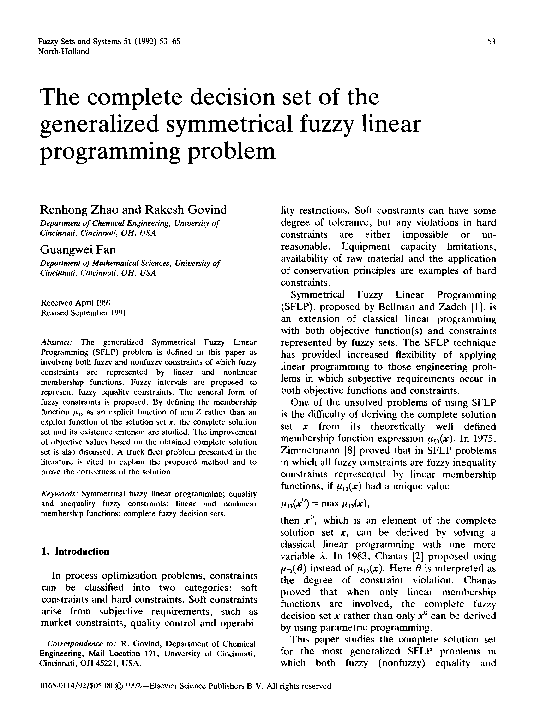 Pdf The Complete Decision Set Of The Generalized Symmetrical Fuzzy Linear Programming Problem