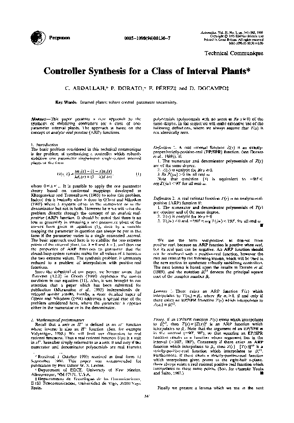 (PDF) Controller synthesis for a class of interval plants