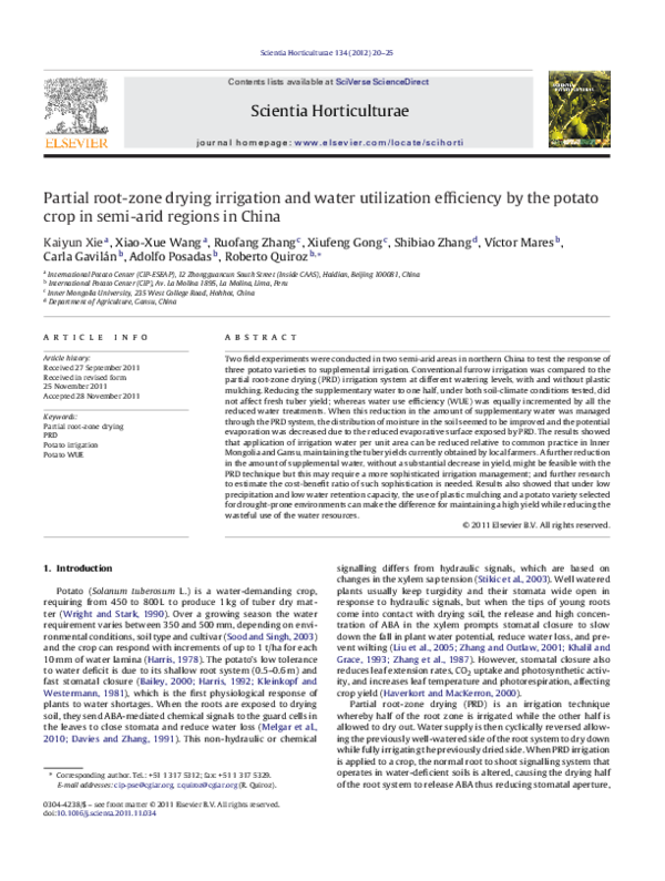 Pdf Partial Root Zone Drying Irrigation And Water Utilization