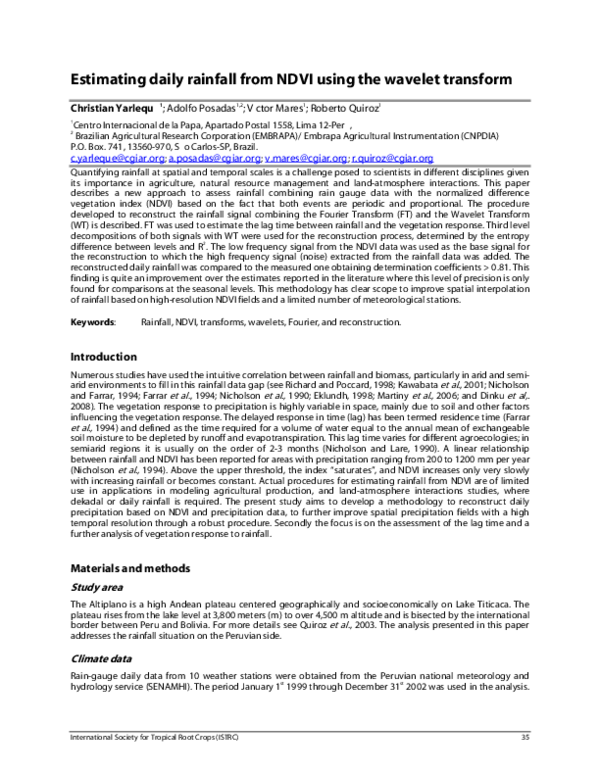 Pdf Estimating Daily Rainfall From Ndvi Using The Wavelet Transform
