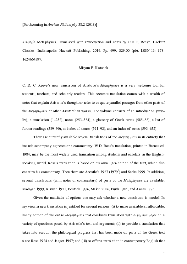 (PDF) Review of C.D.C. Reeve, Aristotle Metaphysics. Translated with ...