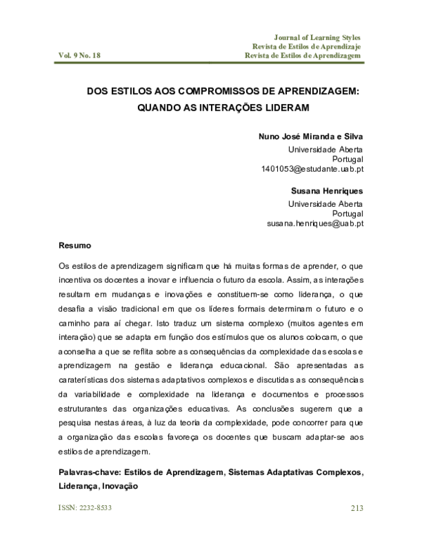 (PDF) Journal of Learning Styles Revista de Estilos de Aprendizaje ...