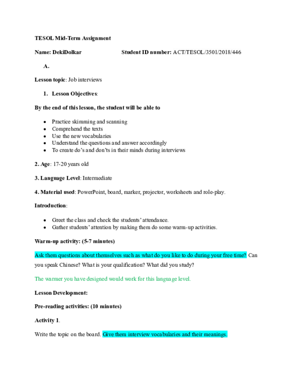 (DOC) TESOL Mid-Term Assignment Lesson topic: Job interviews