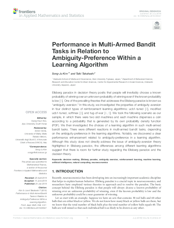 Pdf Performance In Multi Armed Bandit Tasks In Relation To Ambiguity Preference Within A