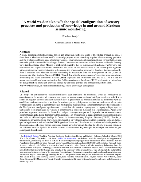 (PDF) Elizabeth Reddy. 2018. "'A world we don't know': the spatial ...