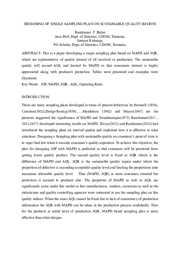 (DOC) DESIGNING OF SINGLE SAMPLING PLAN ON SUSTAINABLE QUALITY Region