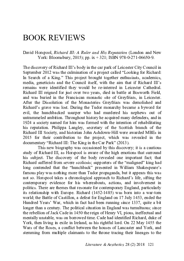 (PDF) Review of David Horspool, Richard III: A Ruler and His Reputation