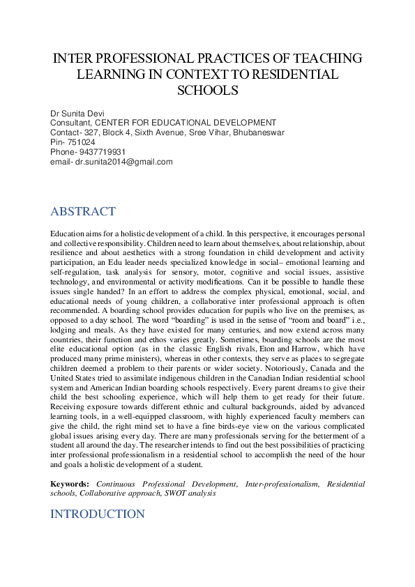 (DOC) INTER PROFESSIONAL PRACTICES OF TEACHING LEARNING IN CONTEXT TO ...