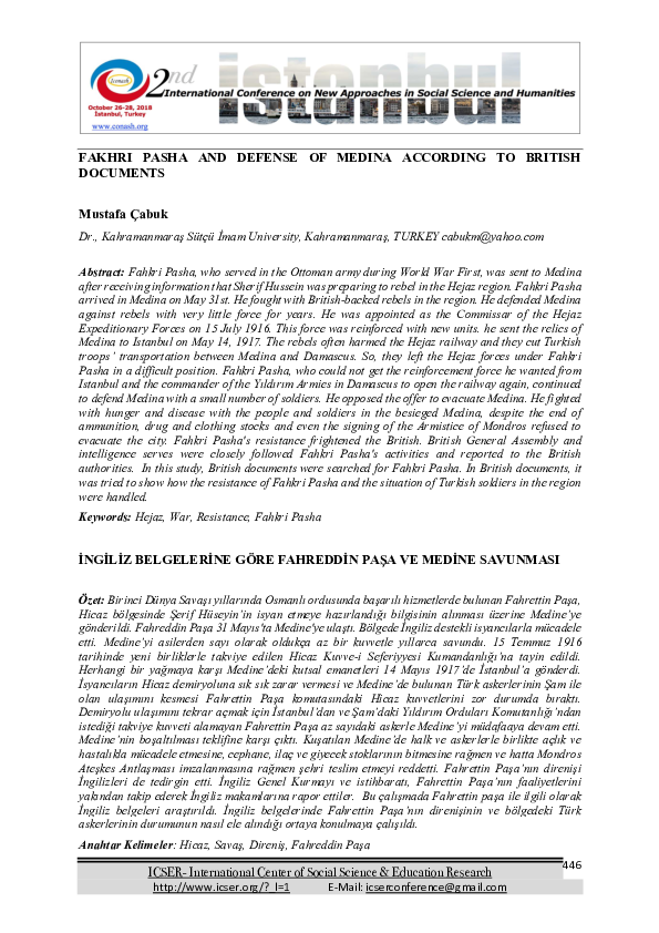 (PDF) FAKHRI PASHA AND DEFENSE OF MEDINA ACCORDING TO BRITISH DOCUMENTS