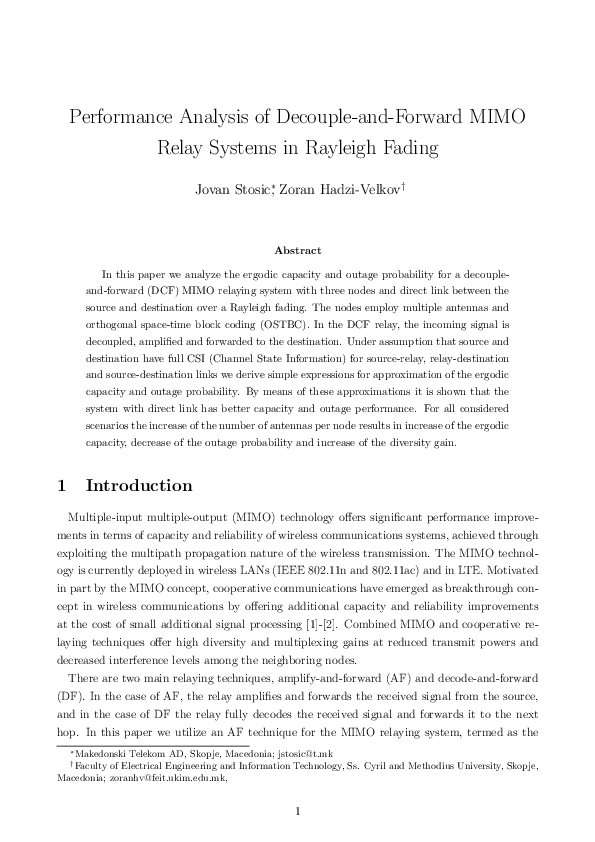 (PDF) Performance Analysis of Decouple-and-Forward MIMO Relay Systems in Rayleigh Fading