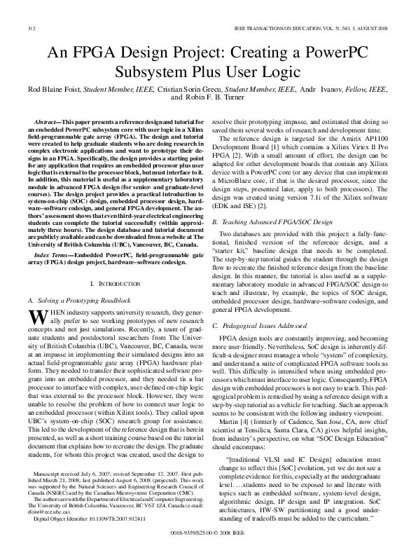 Pdf An Fpga Design Project Creating A Powerpc Subsystem Plus User Logic