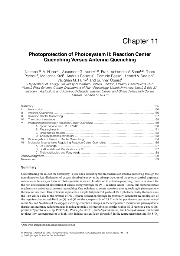 (PDF) Photoprotection of Photosystem II: Reaction Center Quenching ...