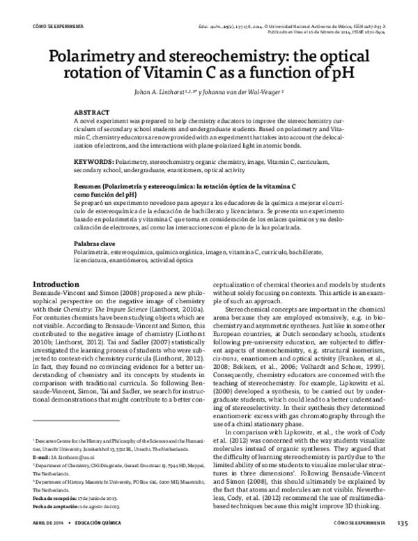 (PDF) Polarimetry and stereochemistry: the optical rotation of Vitamin ...