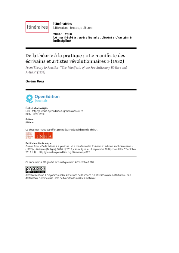 (PDF) De la théorie à la pratique. Le "manifeste des écrivains et ...