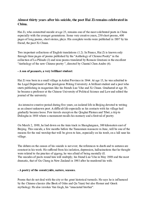 (DOC) Almost thirty years after his suicide, the poet Hai Zi remains ...