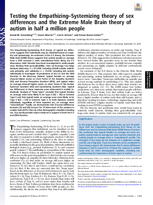 Pdf Testing The Empathizing Systemizing Theory Of Sex Differences And The Extreme Male Brain
