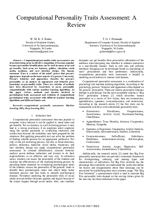 (PDF) Computational Personality Traits Assessment: A Review