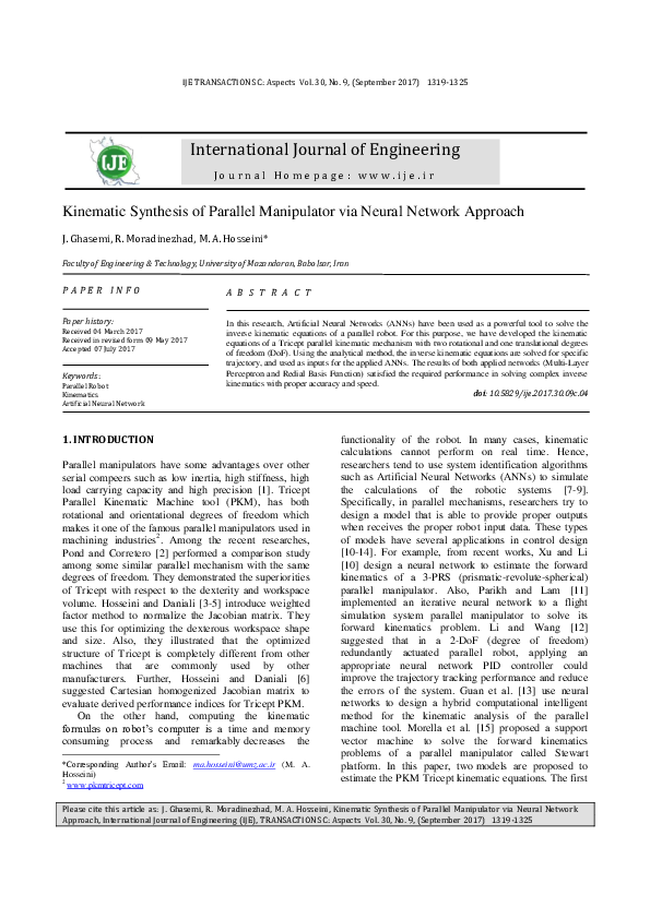 (PDF) Kinematic Synthesis of Parallel Manipulator via Neural Network Approach