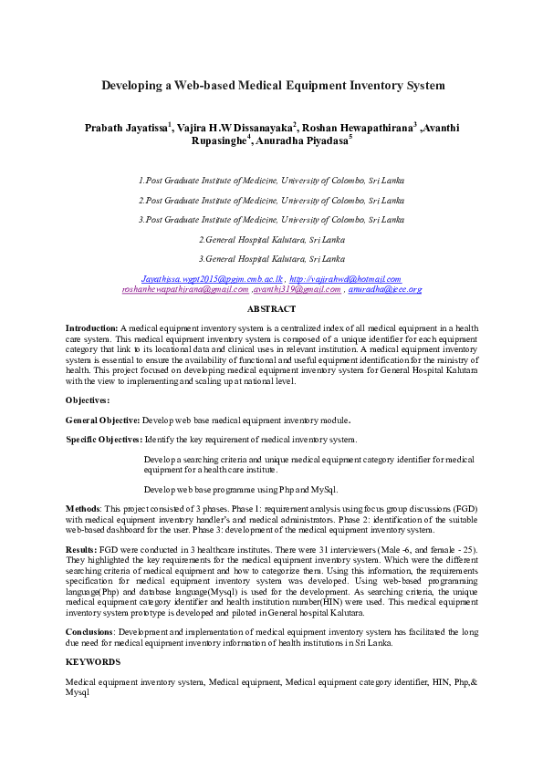 (PDF) Developing a Web-based Medical Equipment Inventory System