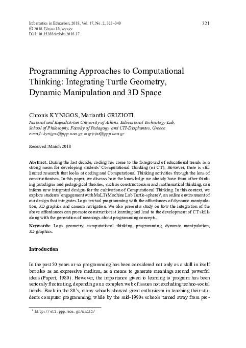 (PDF) Programming Approaches to Computational Thinking: Integrating Turtle Geometry, Dynamic ...